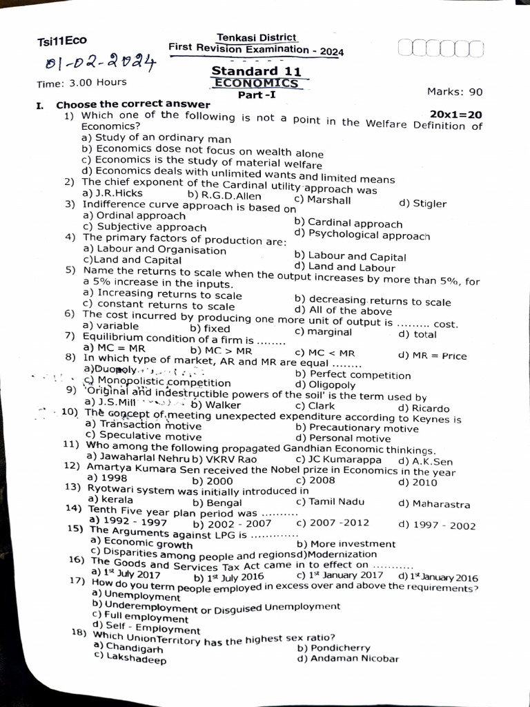 11th Economics EM 1st Revision Exam 2024 Question Paper Thenkasi District English Medium PDF ...