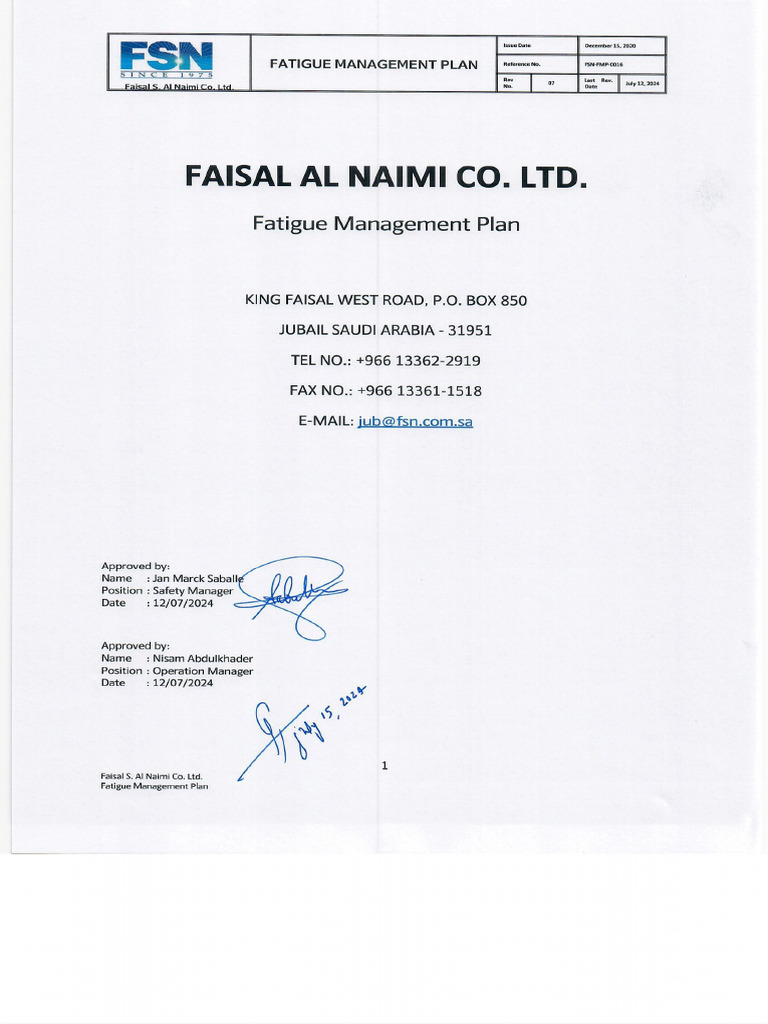 Fatigue Management Plan | PDF