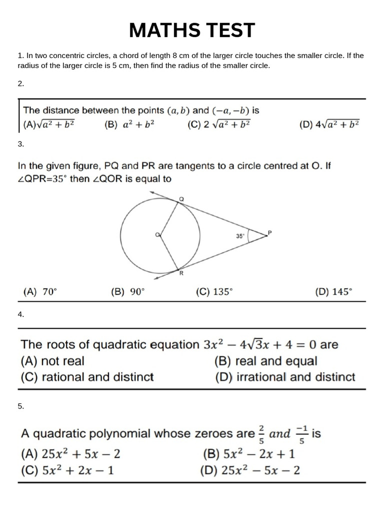 MATHS TEST (4) | PDF | Quadratic Equation | Circle