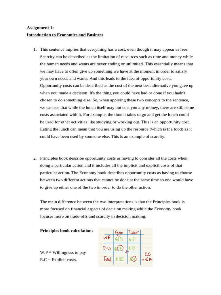 Intro To Economics - Assignment 1 | PDF | Income | Opportunity Cost