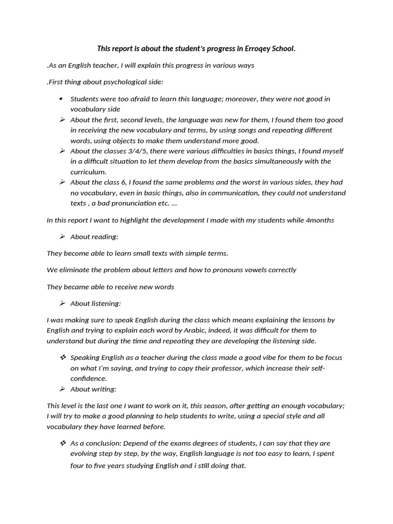 A Report About The Progress of Students | PDF