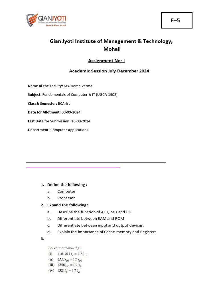 Assignment-1 FIT (BCA-1 Sep 2024) | PDF