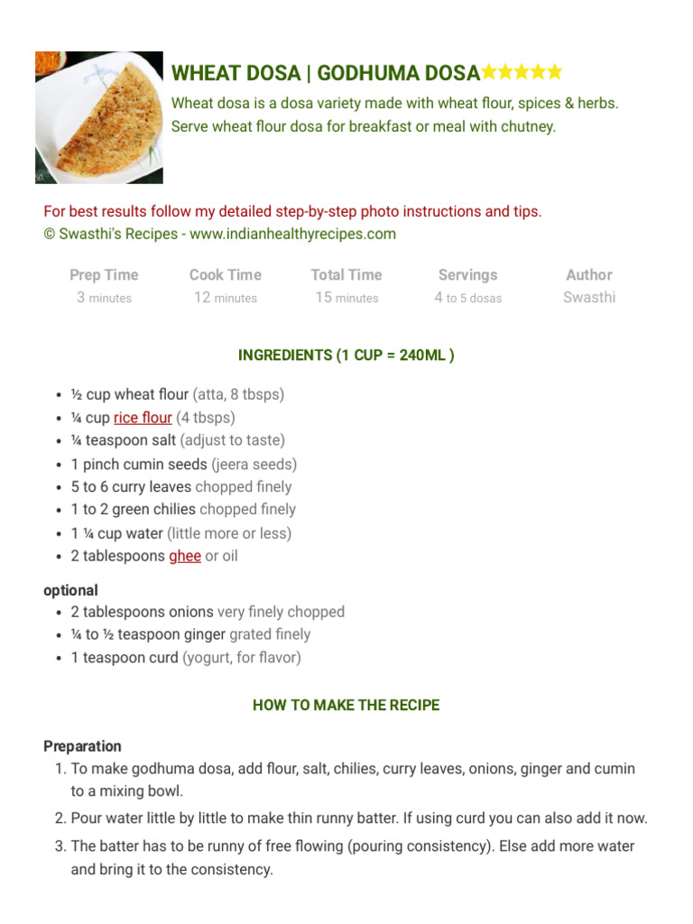 Wheat Dosa _ Godhuma Dosa - Swasthi's Recipes | PDF | Yogurt | Flour