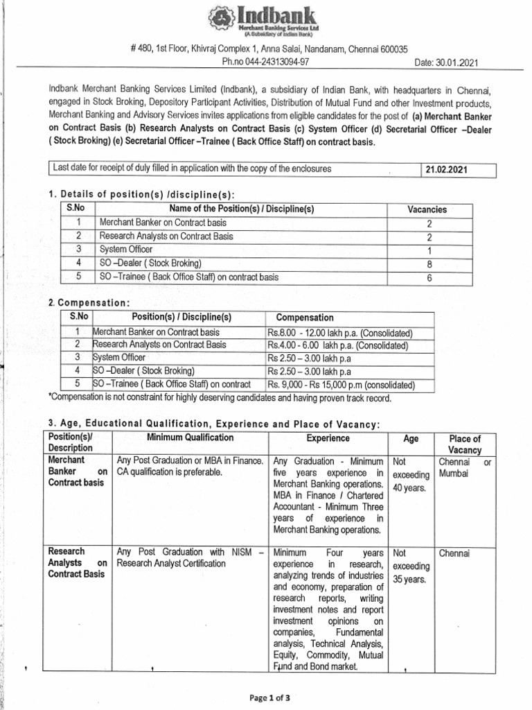 Detailed Advertisement for recruitment of Merchant Banker, Research ...