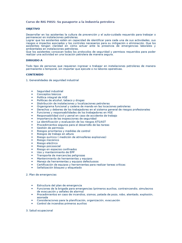 Curso RIG PASS: Seguridad Petrolera | PDF | Valores
