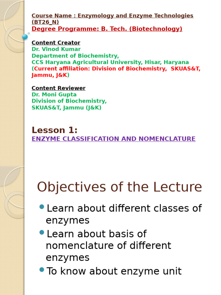 ENZYME CLASSIFICATION AND NOMENCLATURE | PDF | Enzyme | Chemical Kinetics