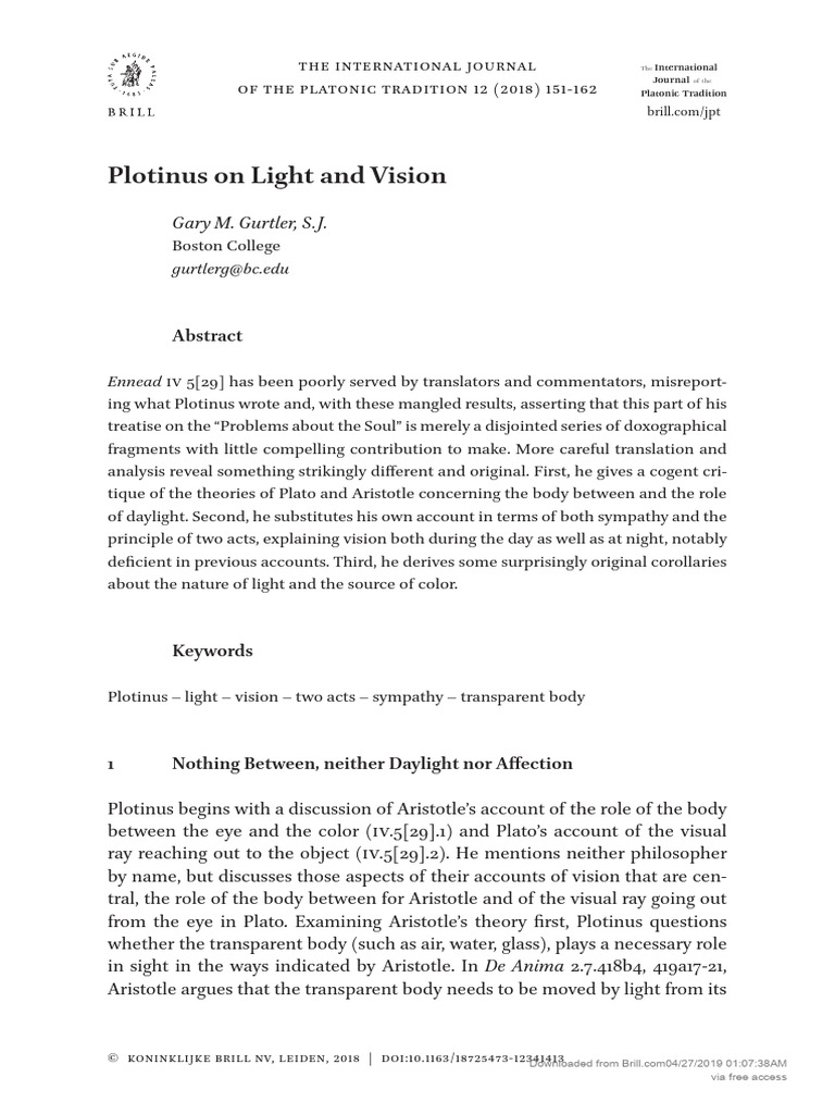 Plotinus On Light and Vision | PDF | Visual Perception | Platonism