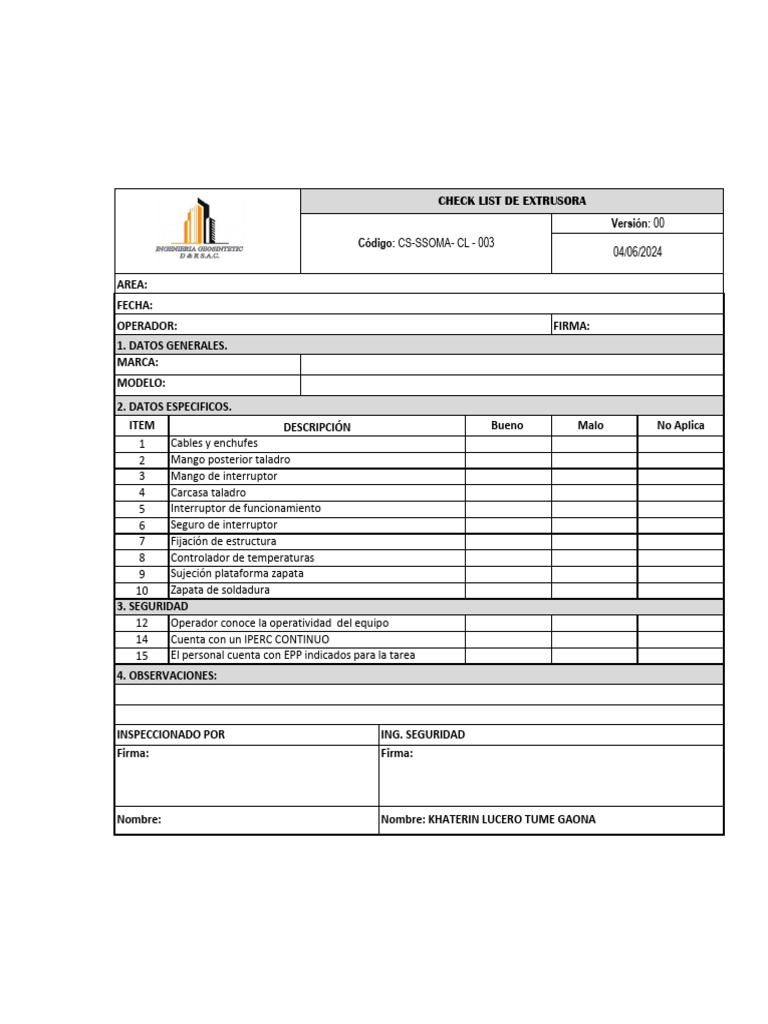 Cs - Ssoma - Cl - 003 Check List de Extrusora | PDF Cs - Ssoma - Cl - 003 Check List de Extrusora | PDF