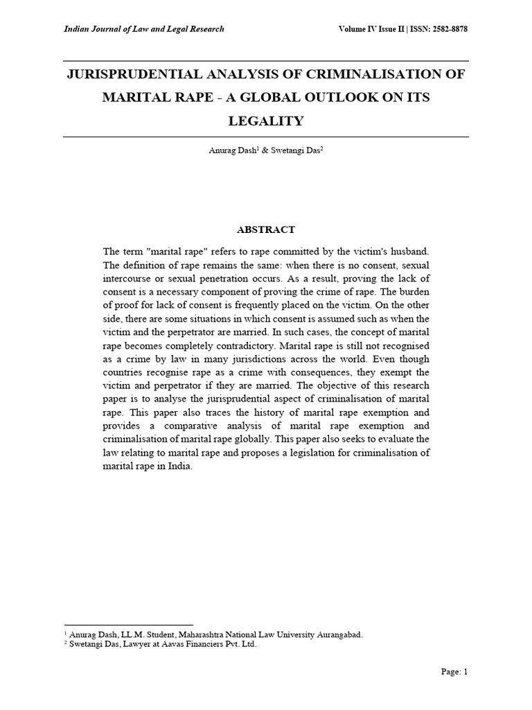 Jurisprudential Analysis of Criminalisation of Marital Rape | PDF | Rape | Violence Against Women