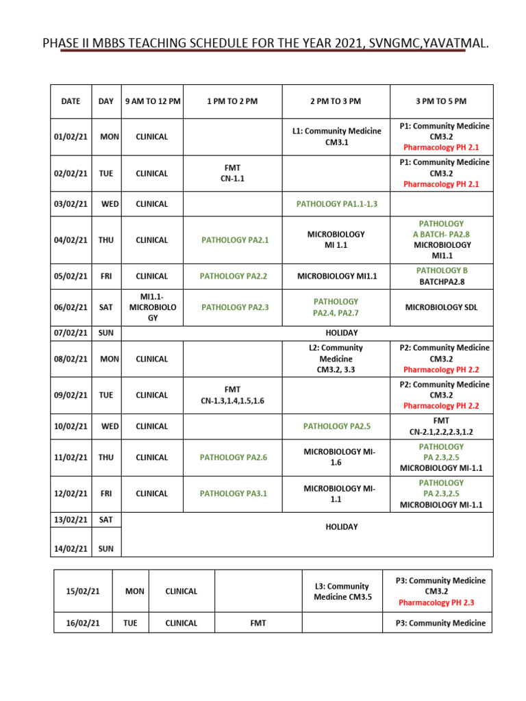 PHASE II MBBS TEACHING SCHEDULE FOR 202132zW | PDF | Medical ...