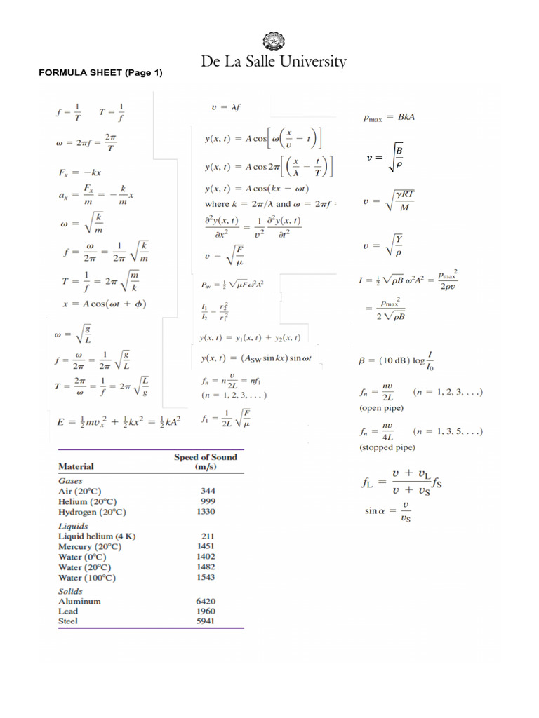 PHYBIO3 Final Exam Formula Sheet | PDF