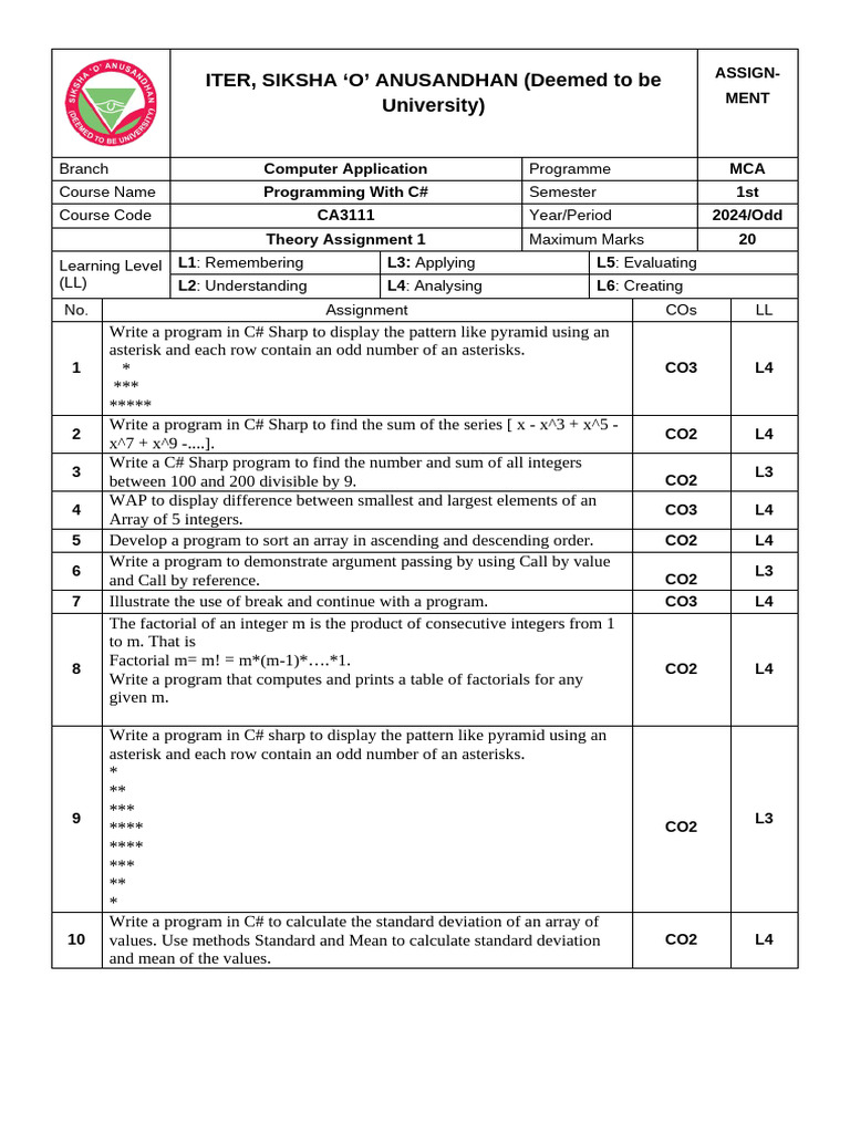 C# Programming Assignments for MCA | PDF | Computer Programming