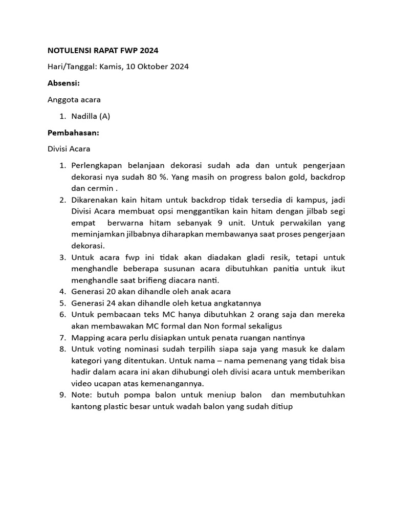 Notulen Rapat FWP 2024: Persiapan Acara | PDF