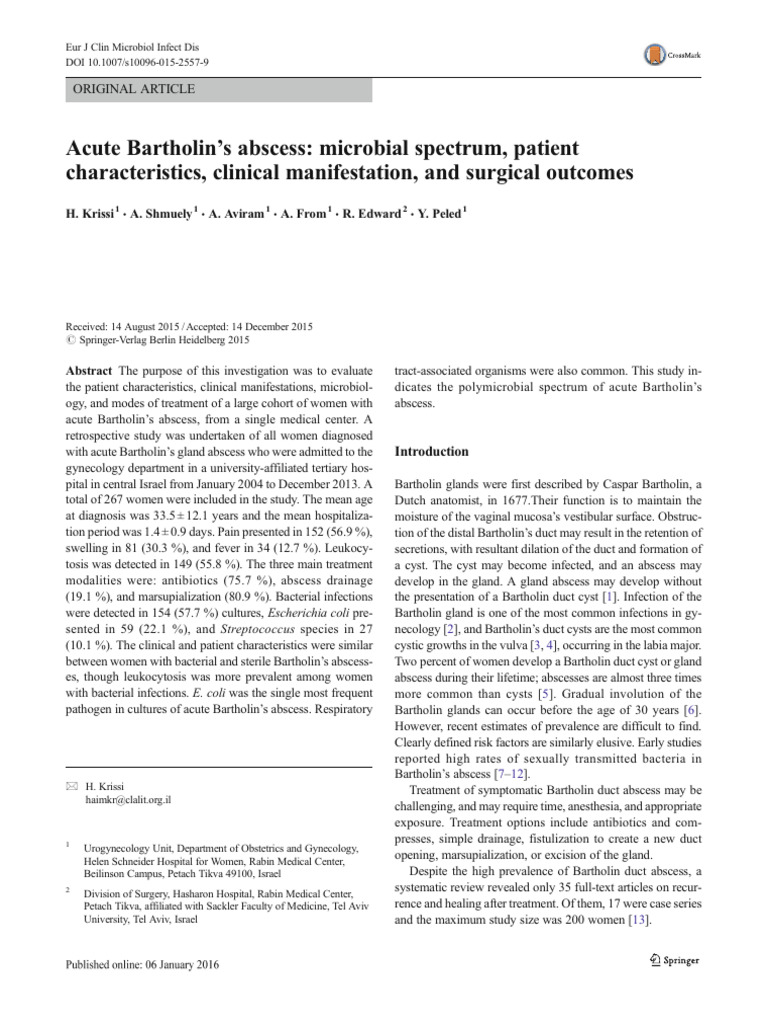 Acute Bartholin's Abscess Microbial Spectrum, Patient Characteristics ...