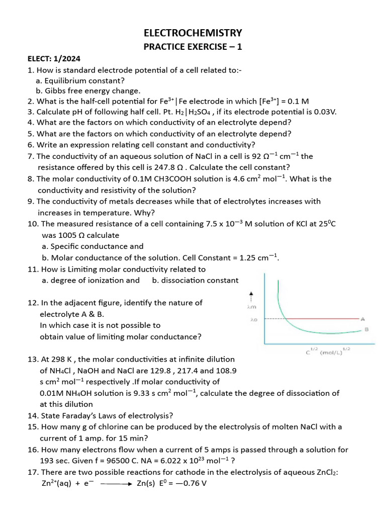 Electrochemistry Practice Questions 2024 | PDF | Electrochemistry ...