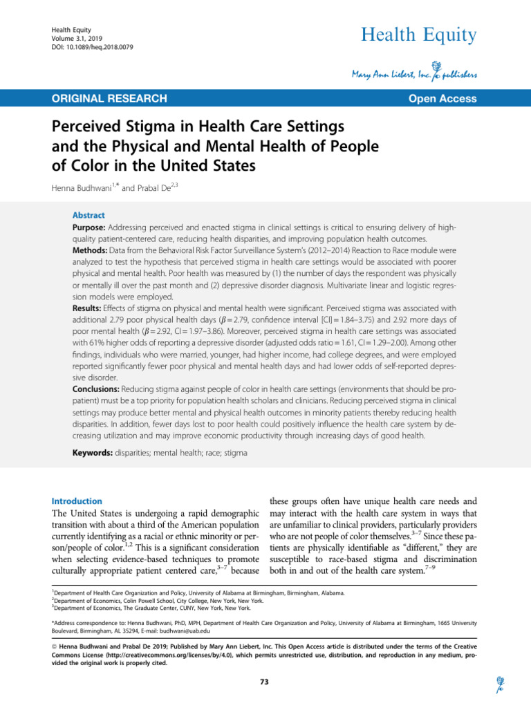 Perceived Stigma in Health Care Settings | PDF | Social Stigma | Health ...
