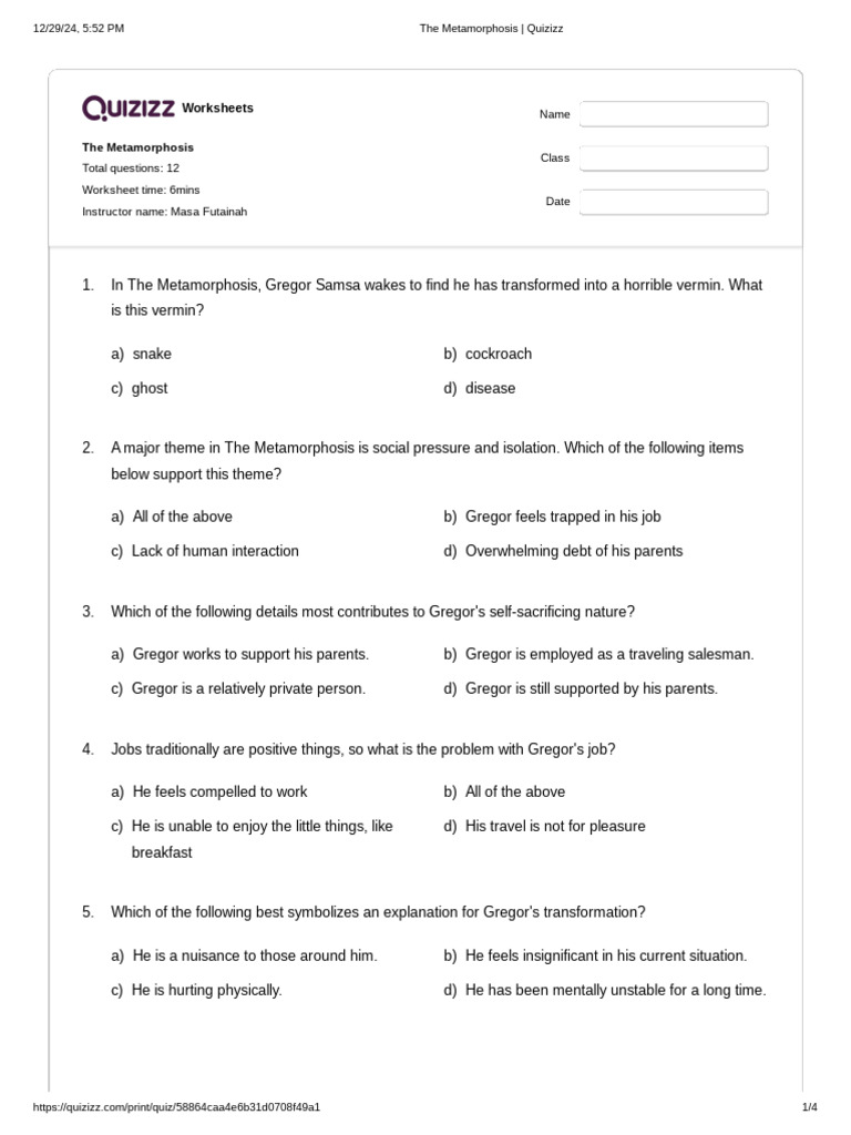 The Metamorphosis - Quizizz | PDF | The Metamorphosis