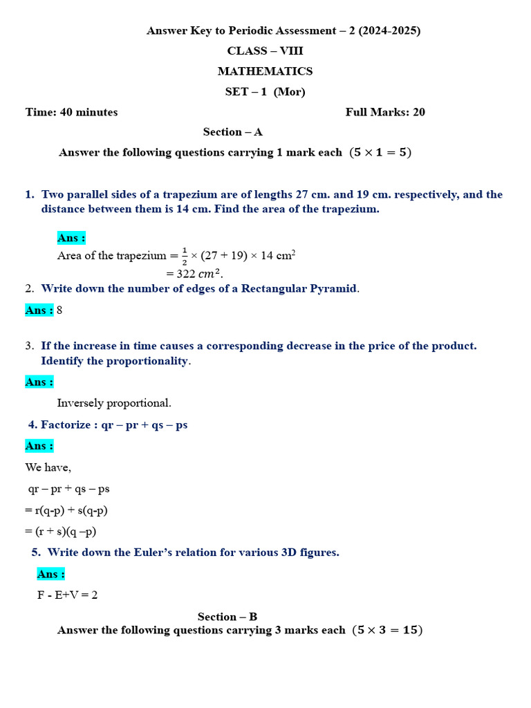 ANS KEY TO MOR MATHS CLASS 8 PA 2 EXAM 2024-25 | PDF | Mathematics | Elementary Geometry