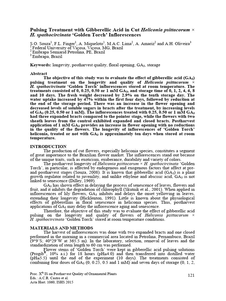 Pulsing Treatment With Gibberellic Acid in Cut Heliconia - Acta Hort. 1060, ISHS 2015 | PDF ...