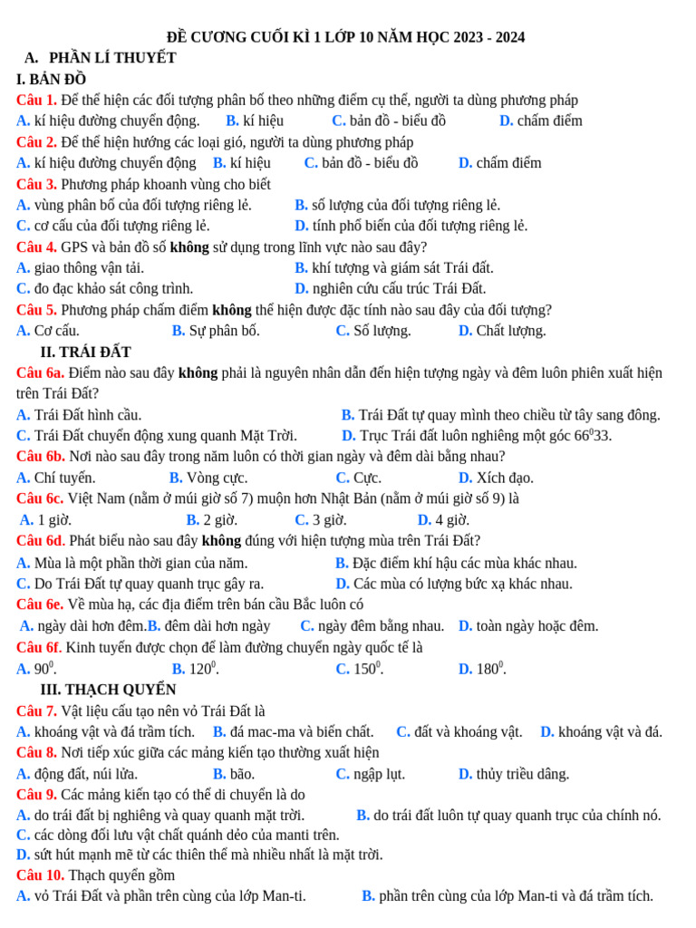 De Cuong On Tap HK1 Dia Li 10 | PDF