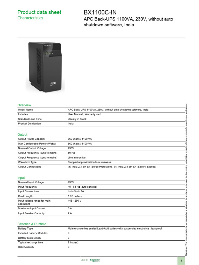 Brocure Ups - Bx1100c-In - Apc | PDF | Mains Electricity | Electronics