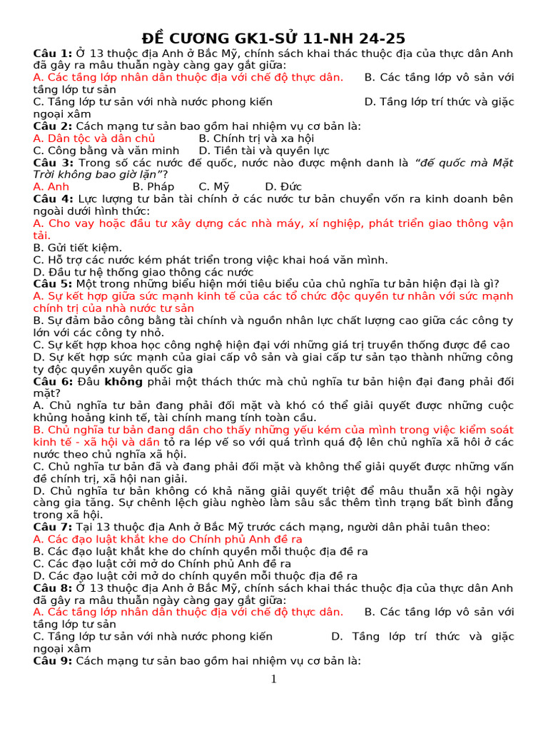 ĐỀ CƯƠNG GK1-SỬ 11-NH 24-25: "đế quốc mà Mặt Trời không bao giờ lặn" | PDF