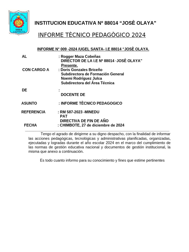 Formato de Informe Tecnico Pedagògico-2024 | PDF | Aprendizaje | Evaluación