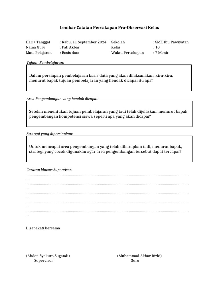 LK.1. Percakapan Pra-Observasi Kelas (Abdan Dan Akbar) | PDF