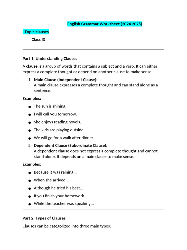 Clauses worksheet and Notes | PDF | Clause | Adverb