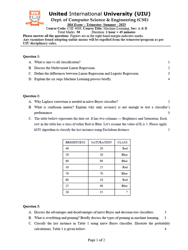Mid Term Question 232 CSE4889 A DMF | PDF | Statistical Classification ...