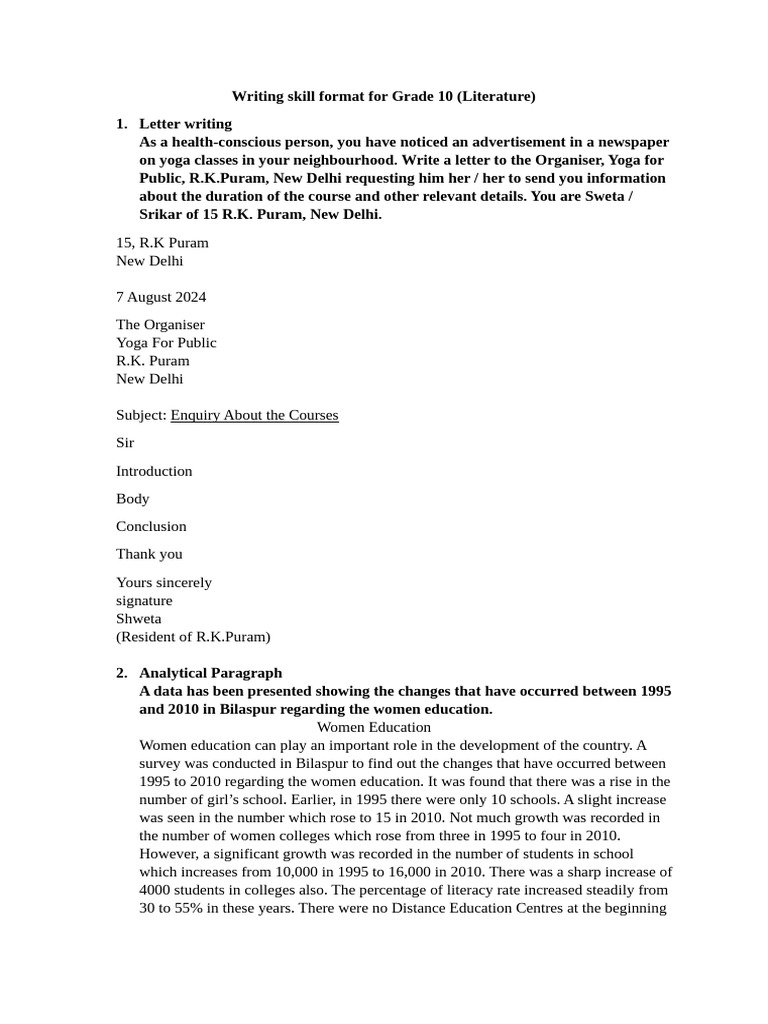 Writing Skill Format For Grade 10 | PDF