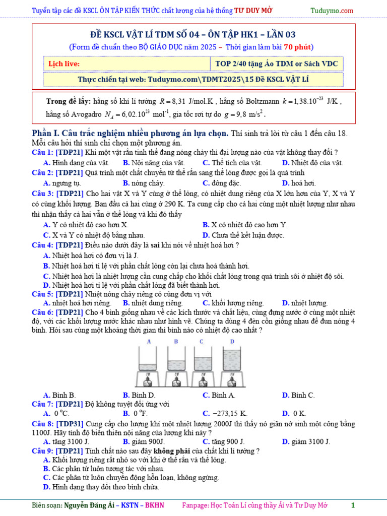 Đề Tdpt04 - kscl Vật Lí Tdm Số 04 - ôn Tập Hk1 - lần 03 - 2025 | PDF