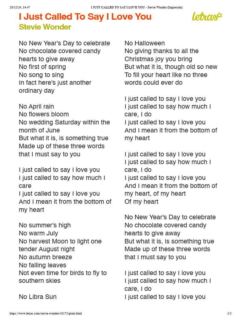 I Just Called to Say I Love You Lyrics | PDF