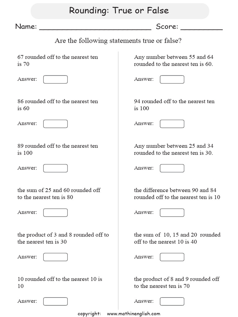 Rounding Nearest 10 True False P4 | PDF