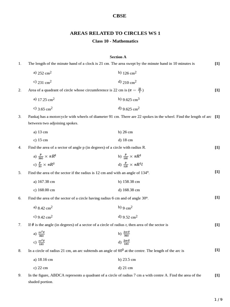 Class 10 Math: Circle Area Worksheet | PDF | Area | Circle