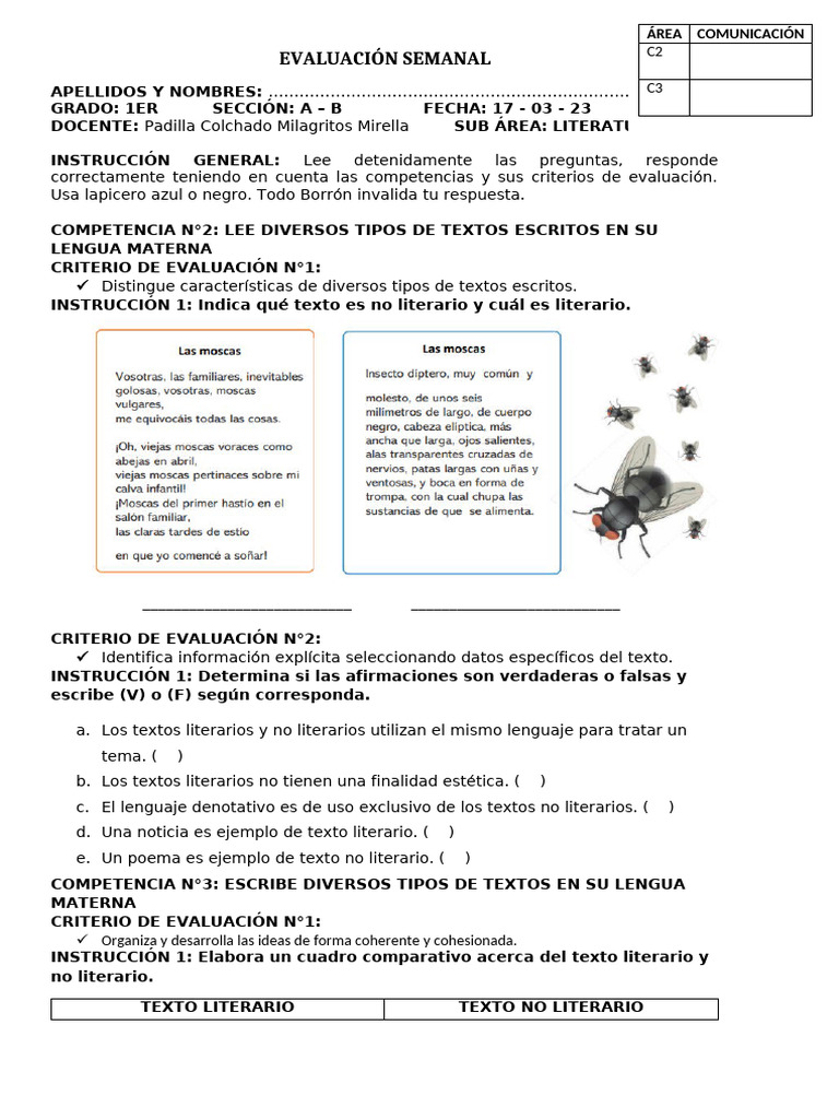 Evaluación Semanal - Literatura 1° | PDF
