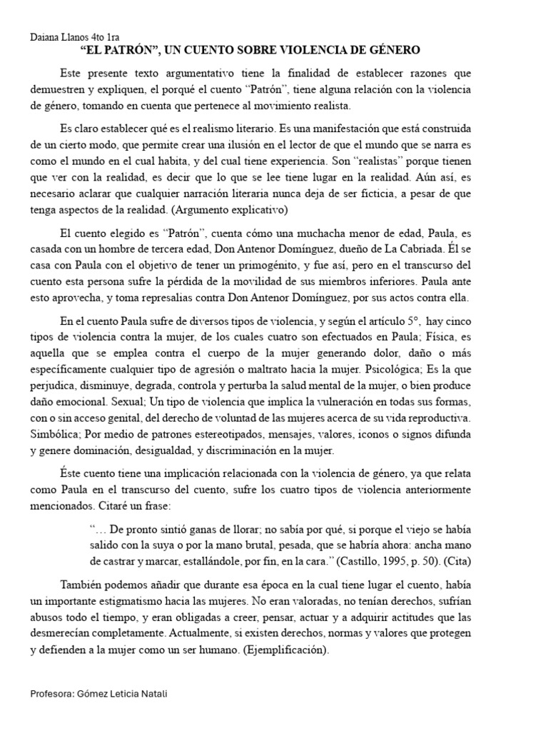 "El Patrón", Un Cuento Sobre Violencia de Género: Daiana Llanos 4to 1ra | PDF | Violencia | La ...