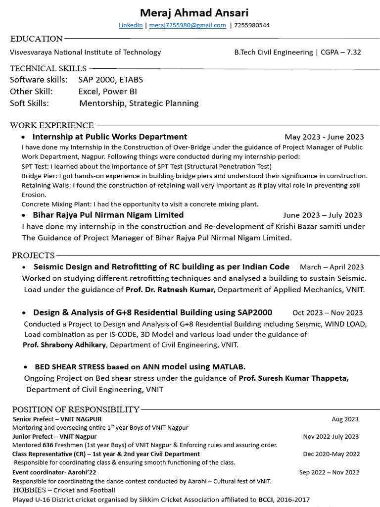 BT20CIV064 Meraj Resume Core 1 | PDF