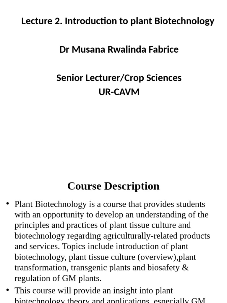Lecture 2. Introduction To Plant Biotechnology | PDF | Biotechnology | Gene