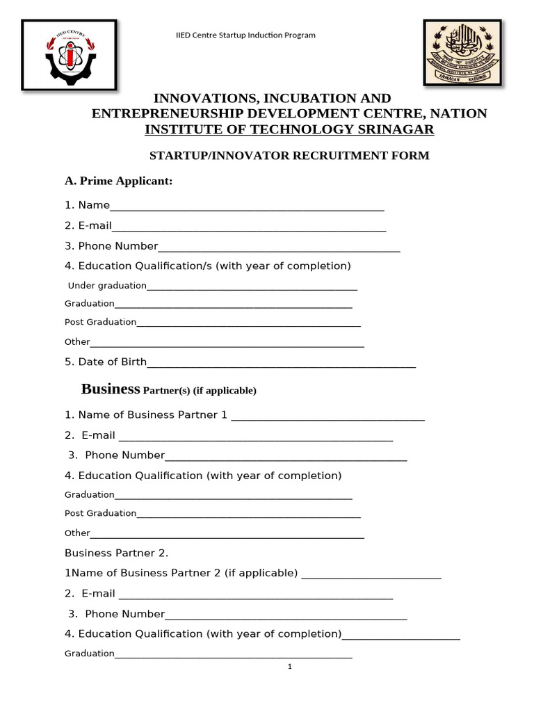 Startup Innovator Entry Form | PDF | Startup Company | Small Business ...