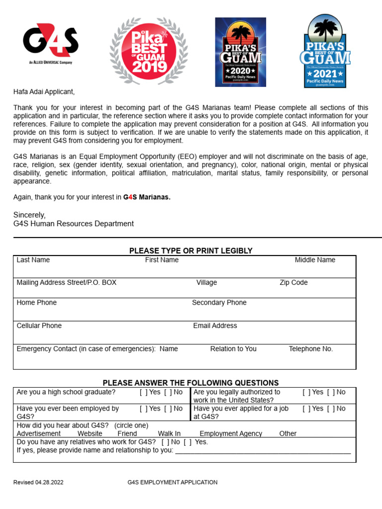 G4S Marianas Employment Application | PDF | Background Check | Human Rights
