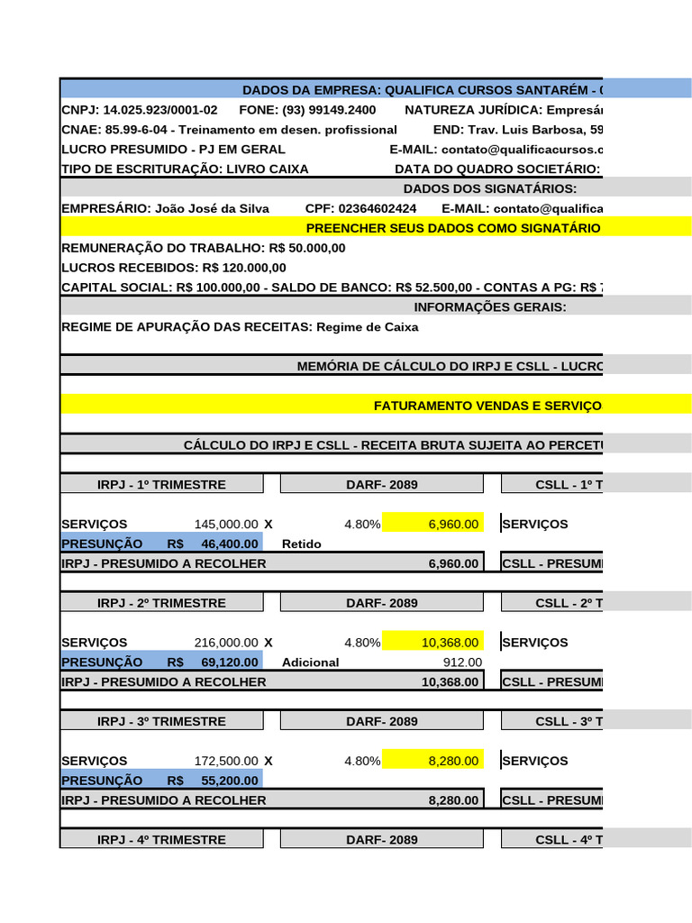 Memória de Cálculo IRPJ e CSLL | PDF | Contabilidade | Imposto de Renda