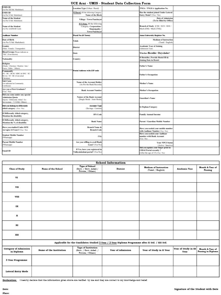UCE Arni - Student Data Form | PDF