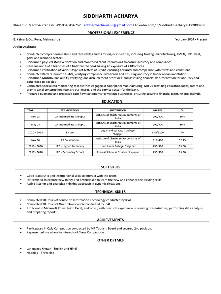 Siddharth_Acharya_Resume | PDF | Audit | Business