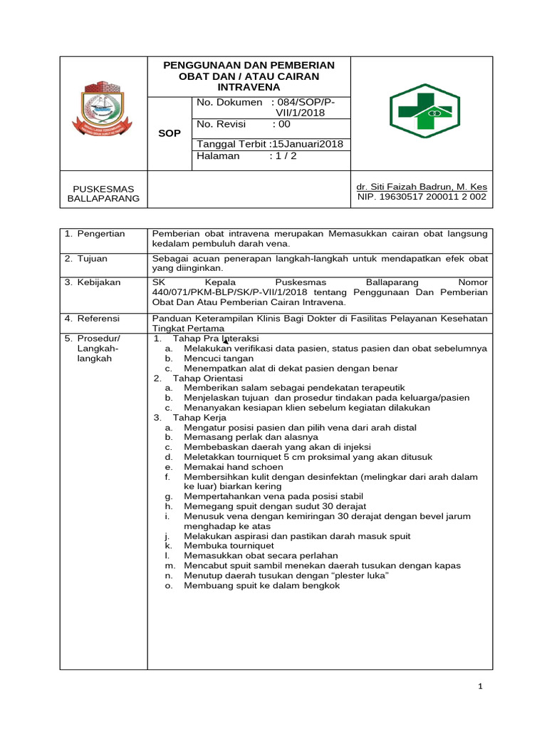 SOP Pemberian Obat Intravena | PDF