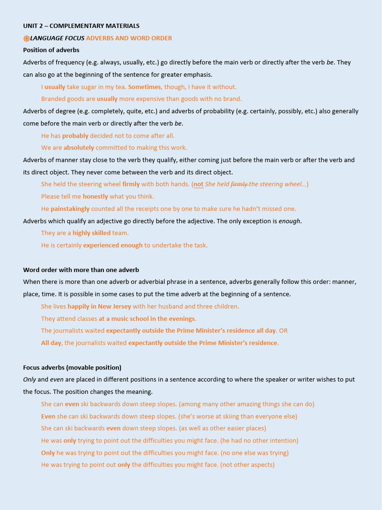 Unit 2 Complementary Materials | PDF | Adverb | Verb