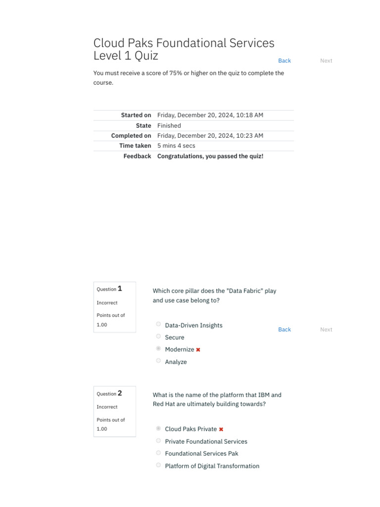 Cloud Paks Foundational Services Level 1 Quiz - Attempt Review | PDF | Cloud Computing ...