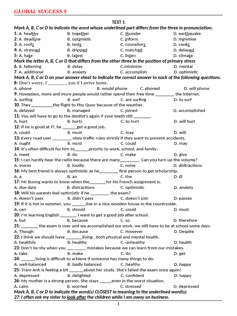 Global Success 9 English Test Review | PDF | Adolescence