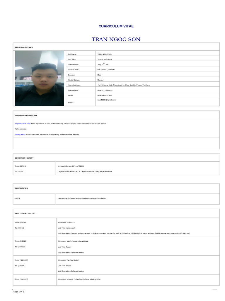 Cv Tran Ngoc Son | PDF | Data Analysis | Computer Programming
