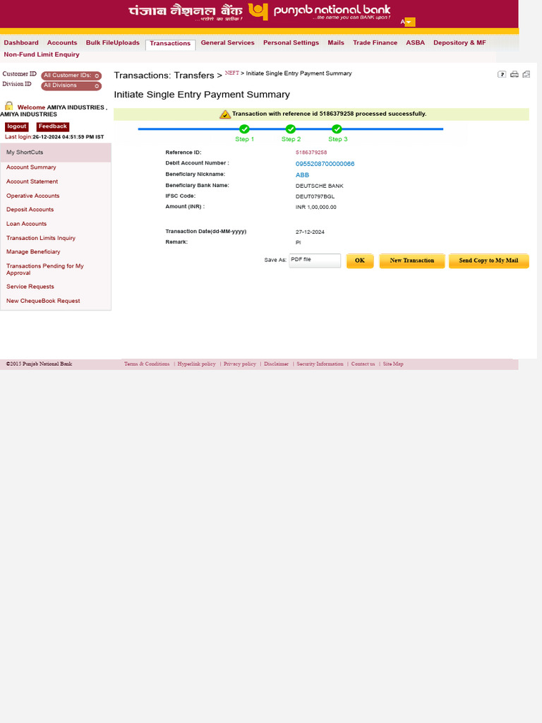 PNB Customer ID and Transaction Summary | PDF